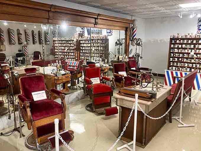 Multiple barber chairs from different eras line up like a timeline of comfort, innovation, and seriously impressive upholstery work.