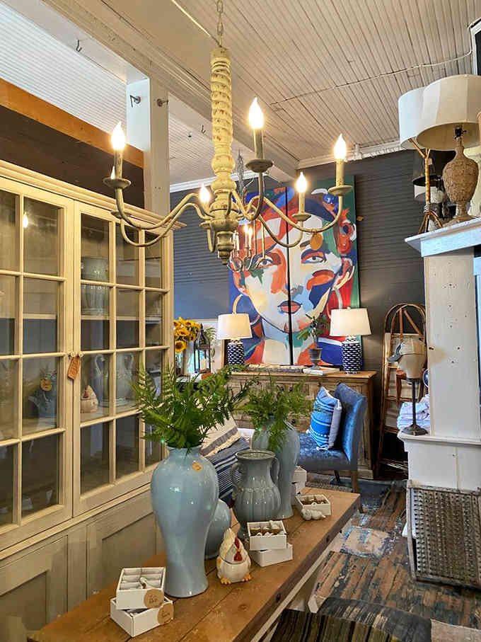 Modern art meets vintage charm in a space that somehow makes perfect sense of the combination.