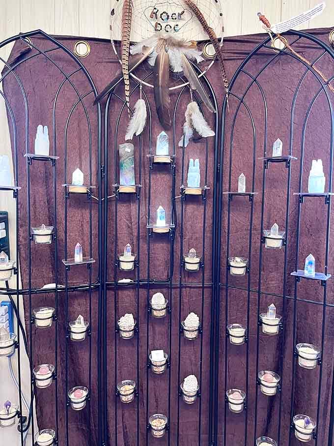Crystal display stands showcase small specimens like a geological jewelry box, each stone perfectly positioned for admiration.