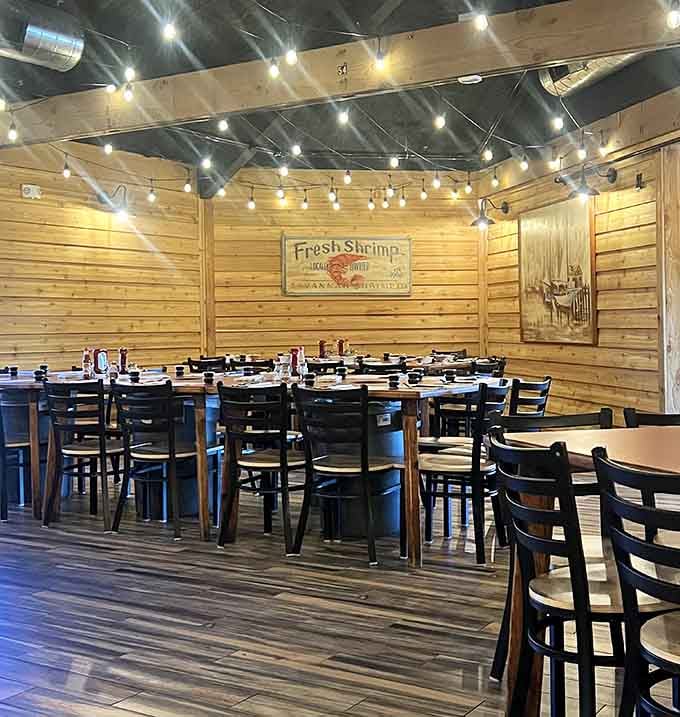 String lights and nautical touches create a relaxed atmosphere where flip-flops are perfectly acceptable dinner attire.