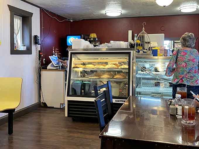 Glass cases filled with homemade pies, cookies, and pastries that prove everything here is made from scratch daily.