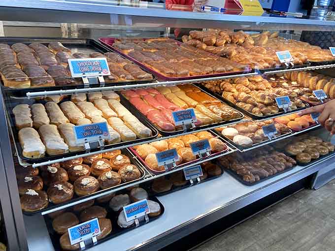 The pastry display case loaded with fresh options that make choosing just one feel nearly impossible to accomplish.