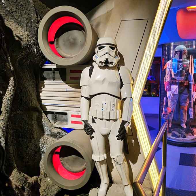This Stormtrooper stands ready for duty, though his aim is probably still questionable even in wax form.