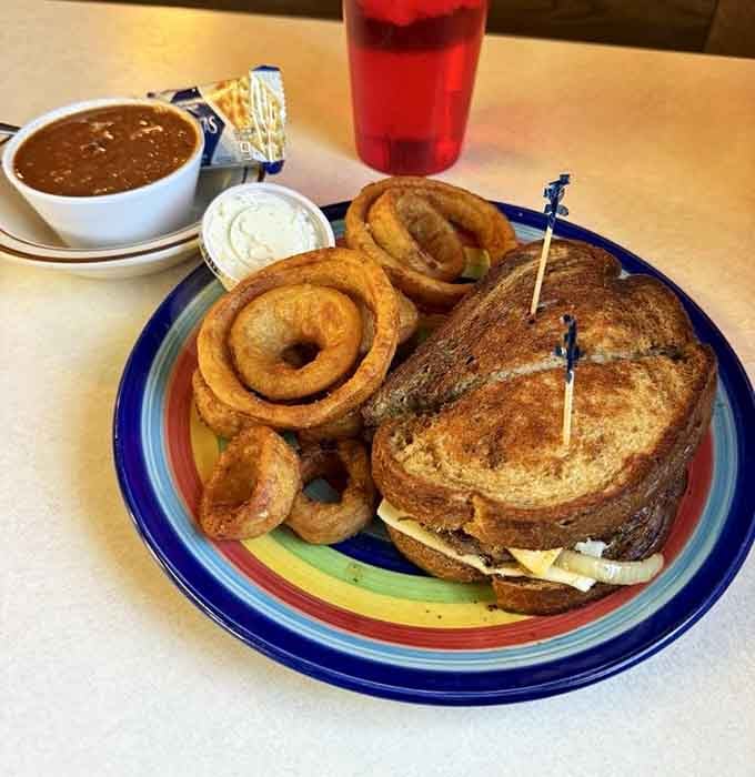 A patty melt on marbled rye with enough fries to share, though you probably won't want to.