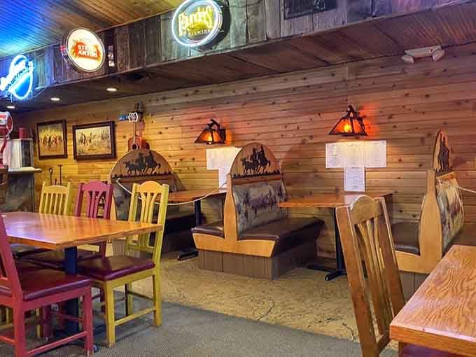 Booth seating with Western flair and enough character to make you forget you're not in a movie.