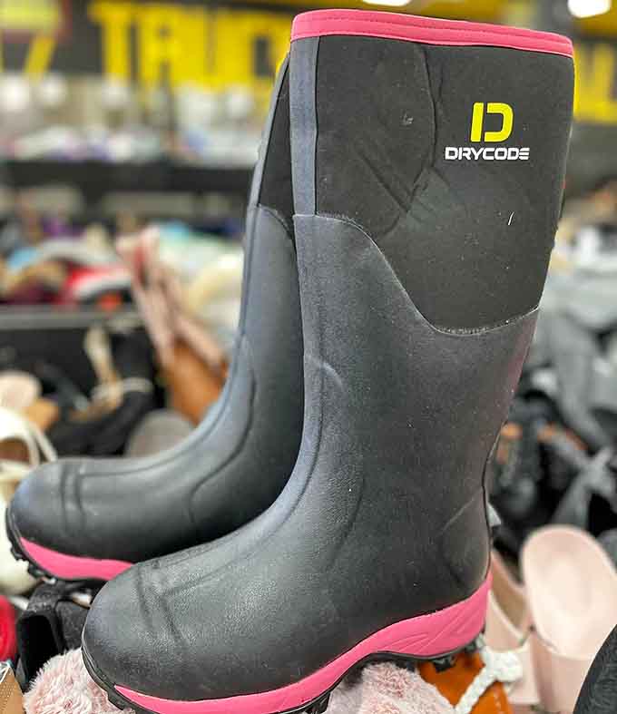 Rubber boots built for puddle-jumping adventures, proving practical can also mean affordable and stylish.