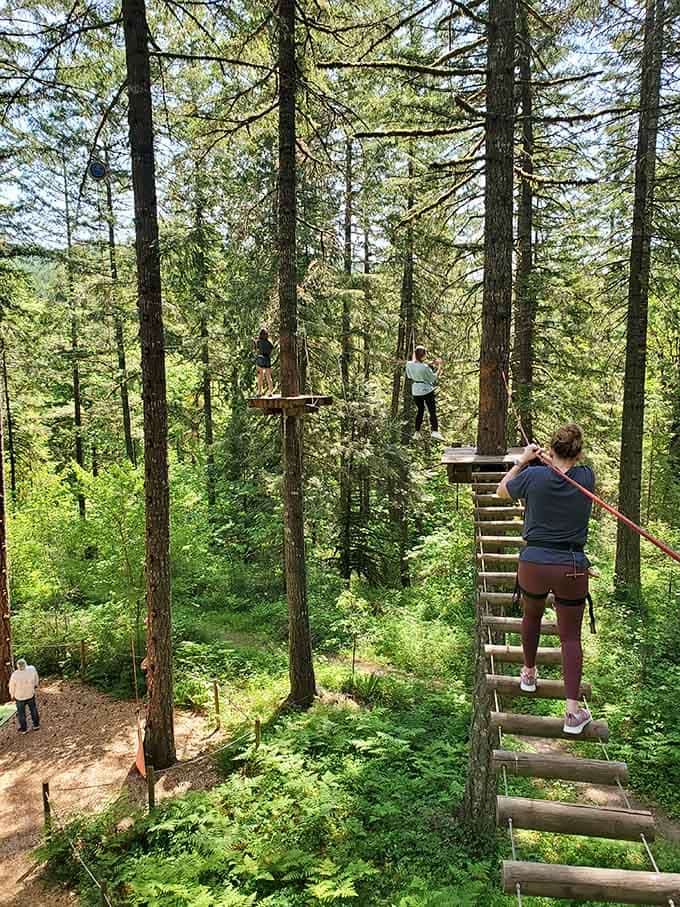 Balancing on hanging logs tests coordination and provides excellent material for future "remember when" stories at family gatherings.