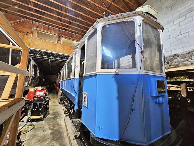 Blue and beautiful, this trolley awaits its turn to shine after careful restoration by dedicated volunteers.