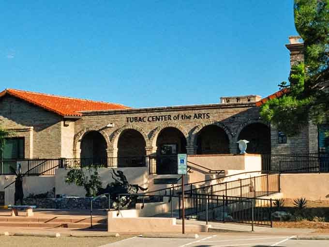 Those mission-style arches frame creativity itself, standing proud as Tubac's cultural heart and soul.