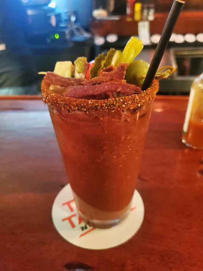 That Bloody Mary garnished with pickles and peppers is practically a meal and a drink rolled into one.