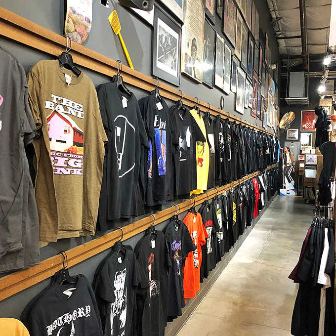 Band shirts line the walls like a who's who of musical history you can actually wear.