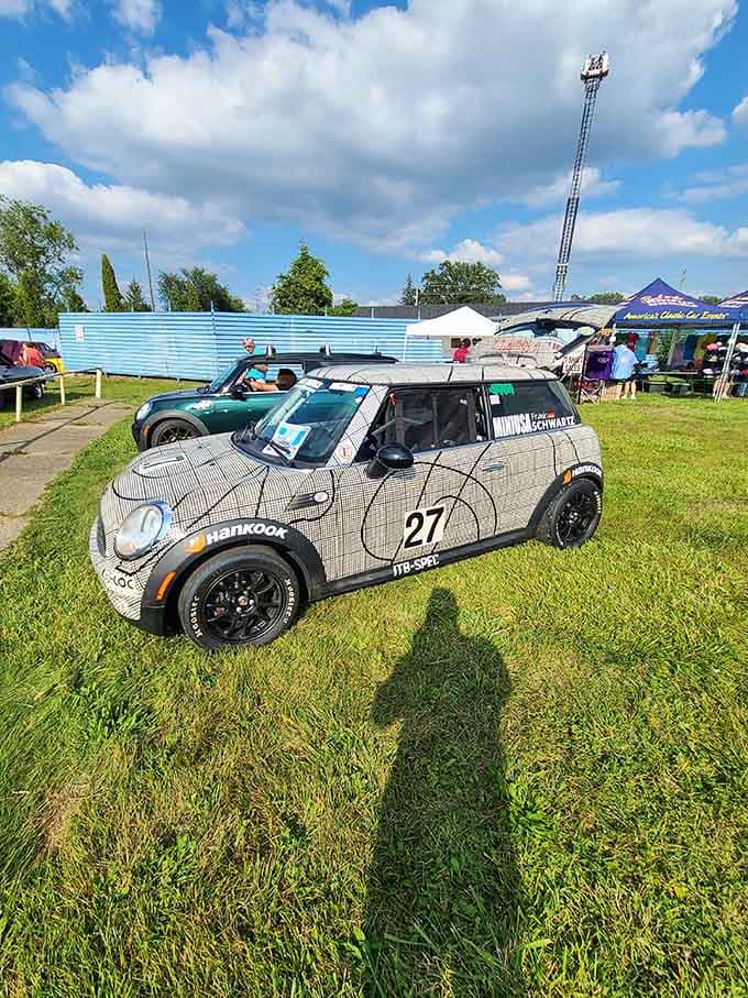 Even race-ready Mini Coopers appreciate a good movie night when the checkered flag takes a break.