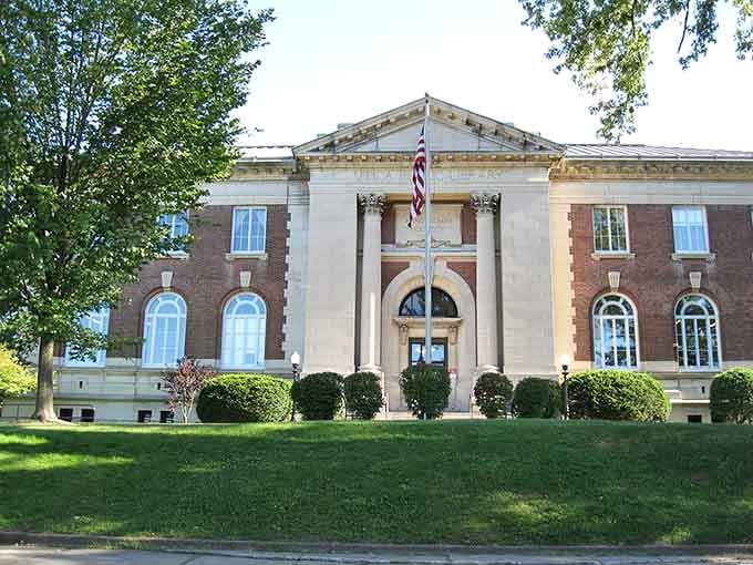 The public library's stately columns welcome readers to a world where knowledge is still genuinely free for all.