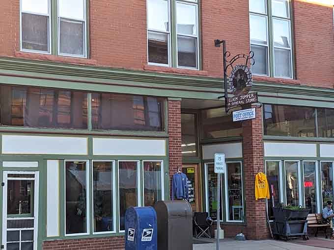Even the post office maintains period charm, because apparently Victor decided every building deserves architectural respect and character.