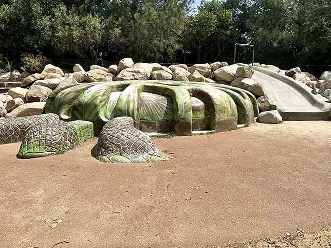 Giant turtle shells invite climbing adventures that feel prehistoric and futuristic all at once for young explorers.