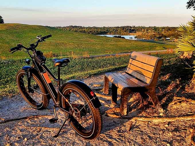 Golden hour transforms a simple bench into the perfect sunset viewing platform, with water and hills creating postcard perfection.