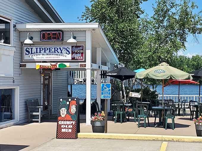 Slippery's sits riverside where you can eat, drink, and watch boats like it's your job.