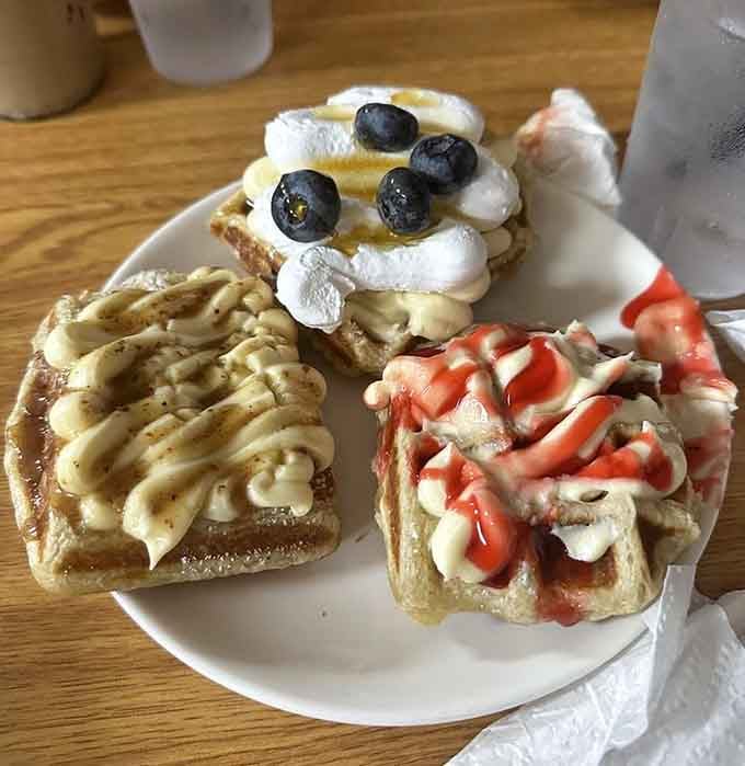 Three different waffle varieties on one plate means never having to choose, which is basically the American dream.