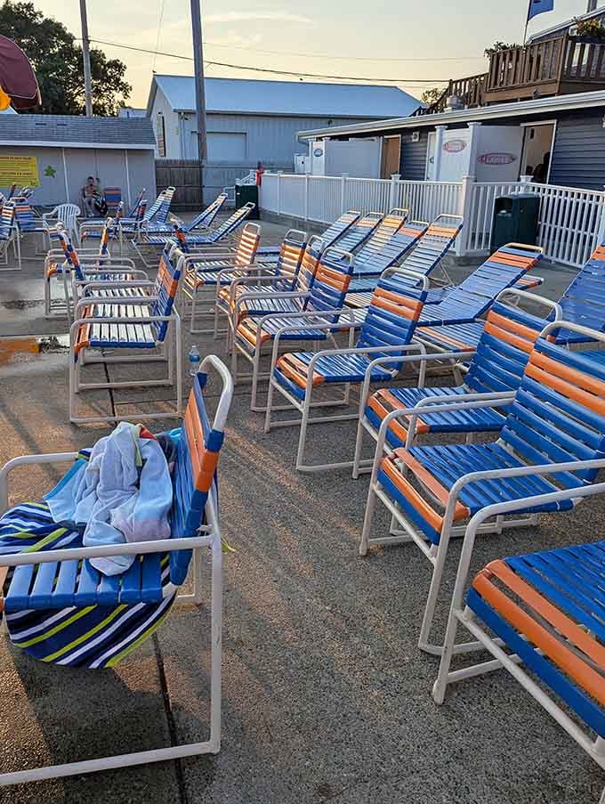 These classic striped lounge chairs are where parents recover between supervising their waterlogged offspring's endless energy.