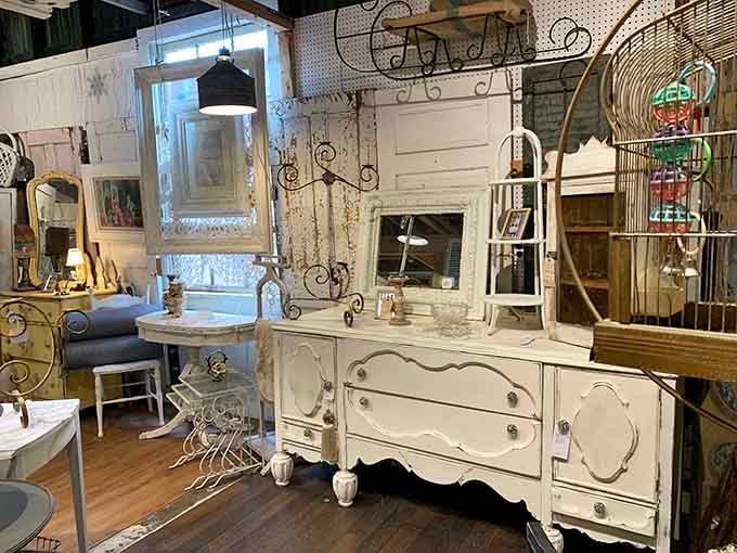 Shabby chic furniture and vintage accessories create Instagram-worthy displays that inspire immediate home decorating plans and daydreams.