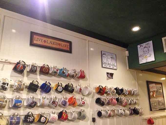 Those coffee mugs on the wall aren't just decoration, they're a collection of memories from satisfied customers.