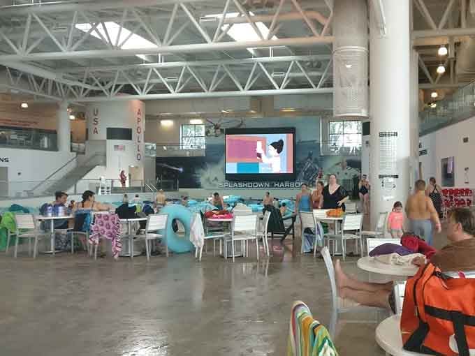 Poolside seating with inner tubes at the ready, because eventually everyone needs a lazy river break.
