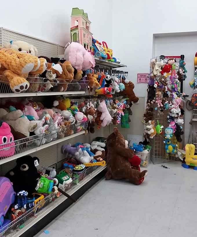 Stuffed animals piled high enough to make any grandkid's eyes light up brighter than Christmas morning.