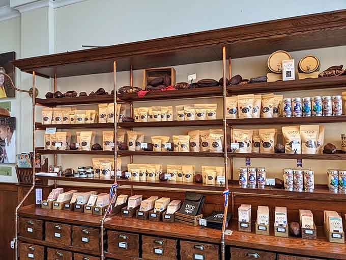 Those beautifully organized shelves hold enough chocolate varieties to make every visit a new adventure entirely.