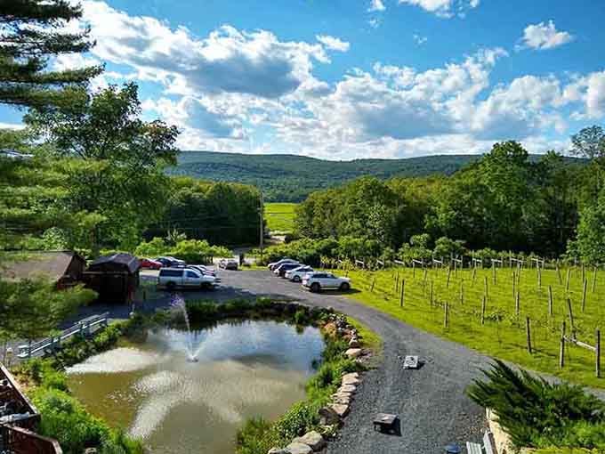 A sparkling fountain pond welcomes visitors while mountains rise majestically in the peaceful distance beyond.