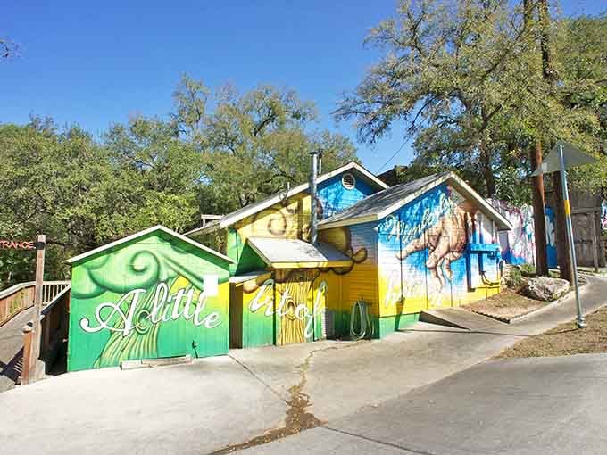 These colorful buildings lean into their quirky character like old musicians who've earned the right to improvise.