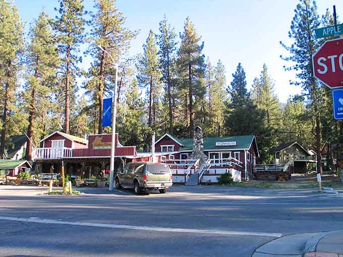Mountain cabins cluster together like old friends sharing secrets, with pine trees standing guard over this alpine hideaway.