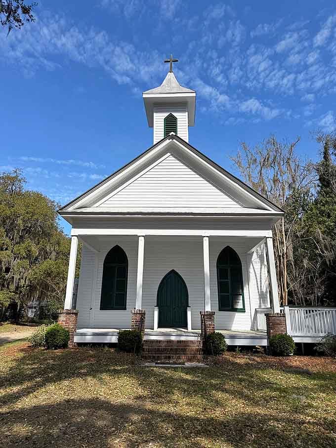 That dark door welcomes visitors to a chapel standing peaceful and proud beneath Carolina blue skies.