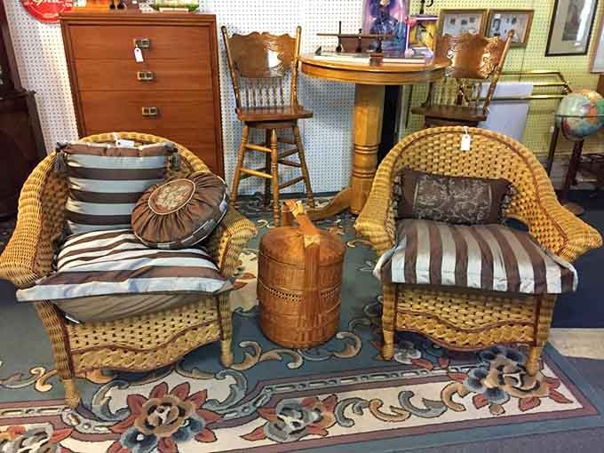 Wicker chairs and wooden furniture that'll outlast anything you could buy new, plus they've got actual character.