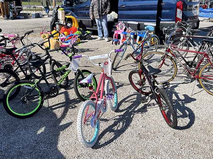 Colorful bicycles stand ready for adventure, from tiny training wheels to full-sized rides that remember simpler times.