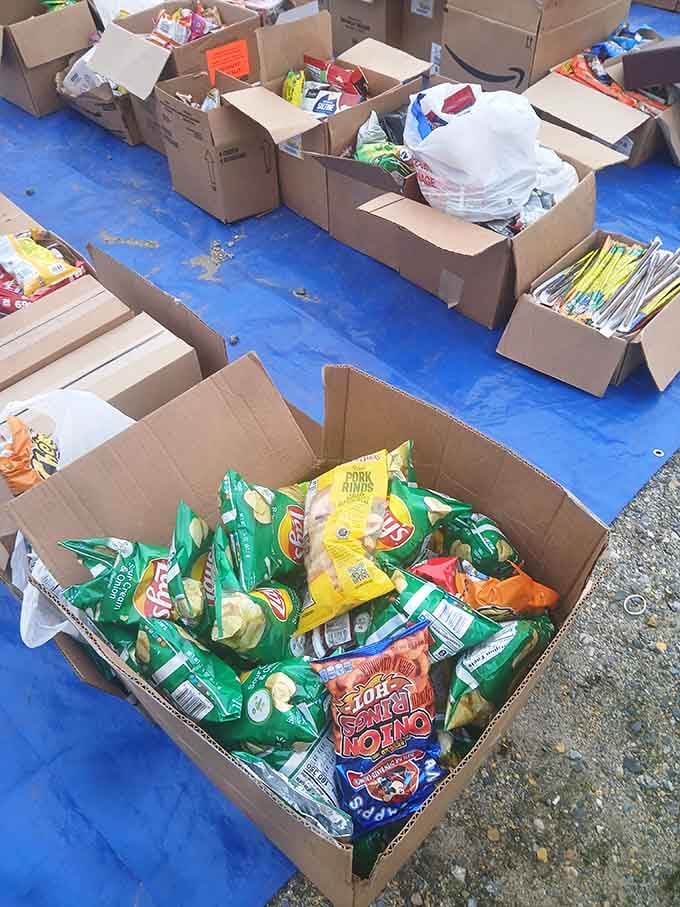 Snack boxes overflow with familiar chip brands, perfect fuel for serious shoppers who refuse to quit early.