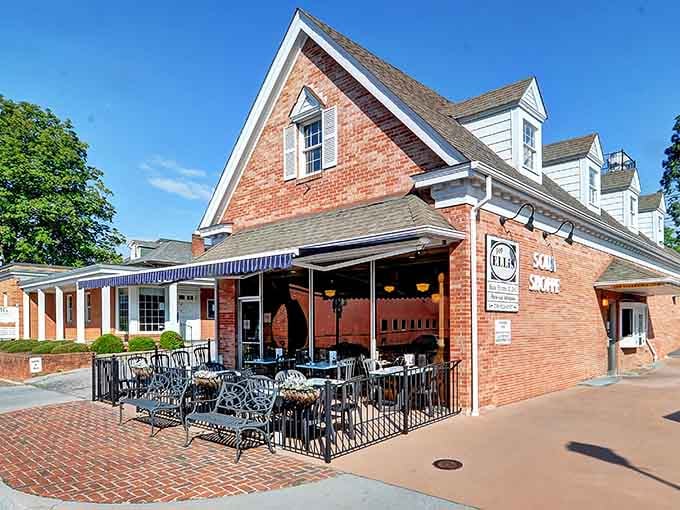 Corner bistro tables on brick patios invite you to linger over coffee like you've got nowhere else to be.