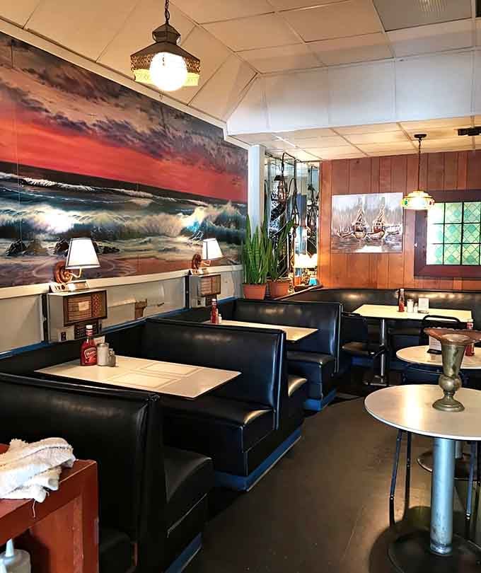 Spacious booths and ocean artwork create the perfect backdrop for lingering over coffee and conversation with good friends.