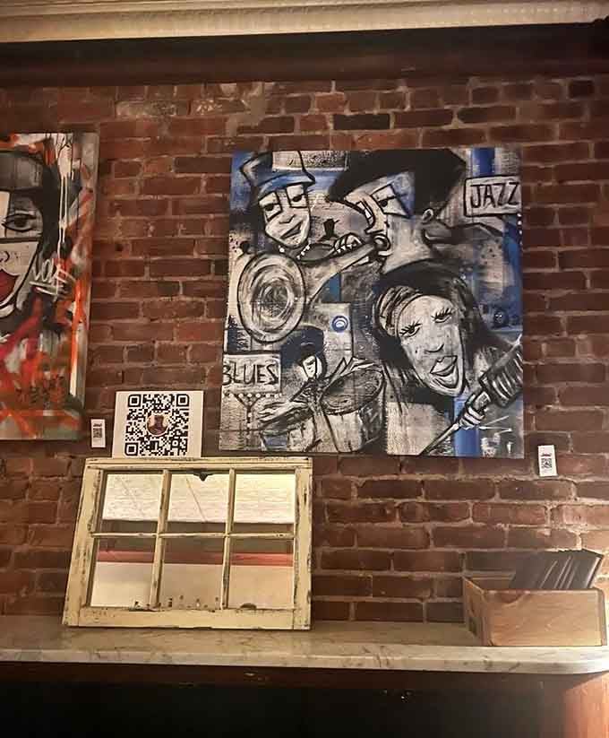 Jazz-themed artwork on brick walls sets the mood before you even glance at the menu.