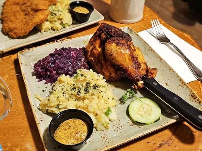 Roasted chicken with red cabbage and sp&auml;tzle, looking like Sunday dinner at your German grandmother's house, if you're lucky.
