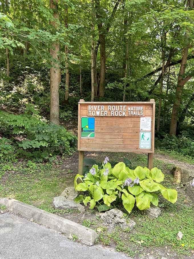 Trail signs point toward nature's best therapy sessions, no appointment or copay required for entry.