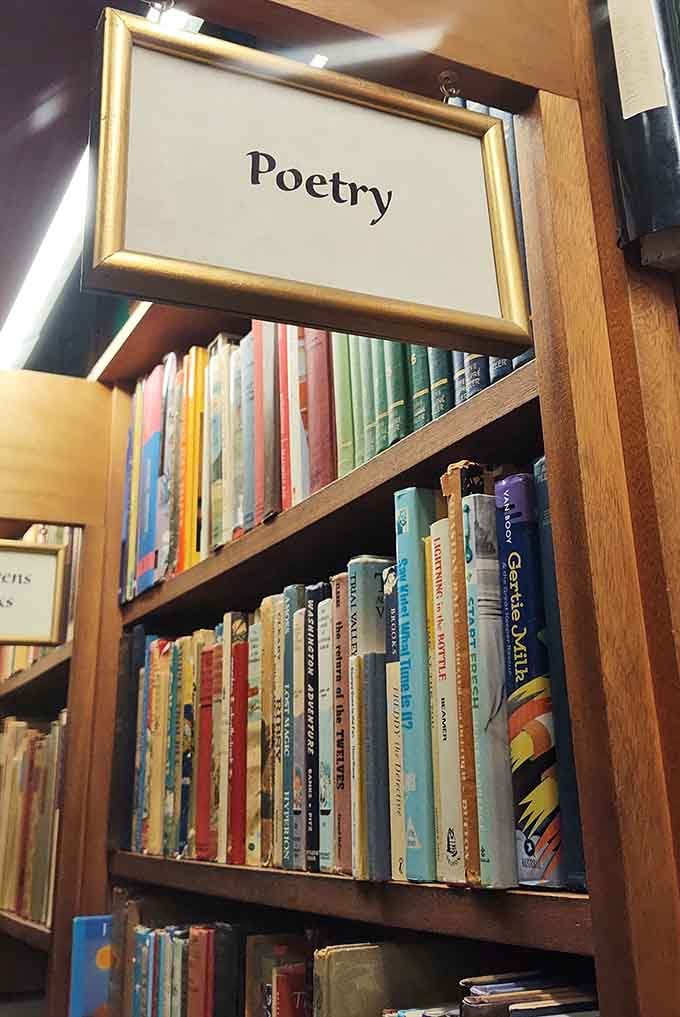 A simple framed sign marks the poetry section, where verses wait patiently for readers who still appreciate rhyme and meter.