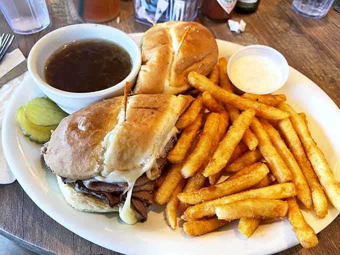 French dip with au jus and enough fries to share, though you probably won't want to.