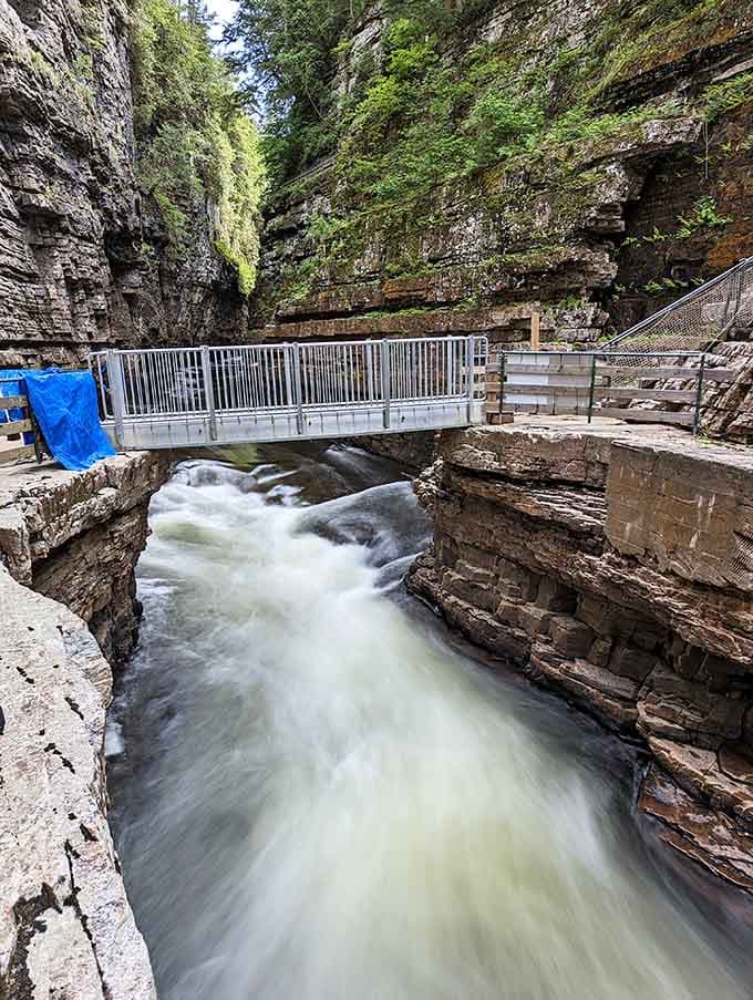 Rushing water through the gorge, white and powerful, showing off the raw energy that sculpted this natural masterpiece.