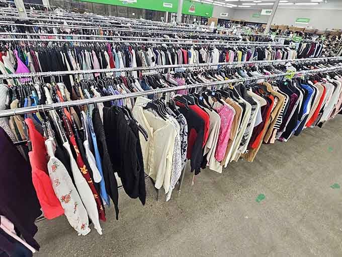 Endless racks of clothing stretching toward infinity, like a fashionista's fever dream at clearance prices.