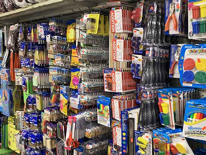 School supplies organized with the precision of a military operation, making back-to-school shopping almost bearable for parents everywhere.