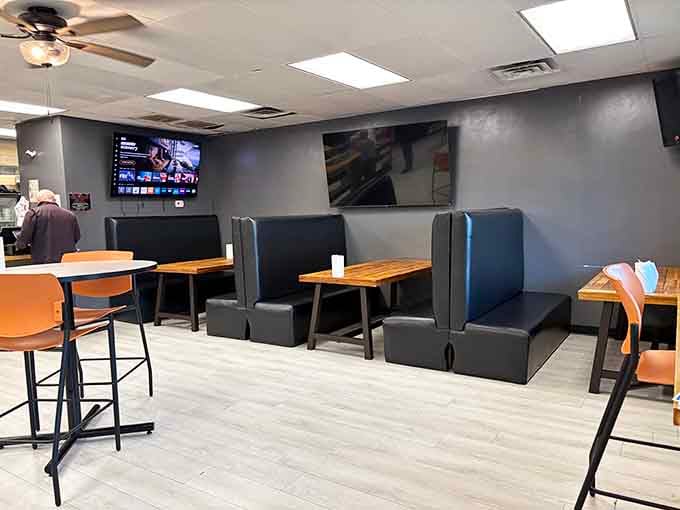 Booth seating with a view, where you can watch the world go by while contemplating your next visit.