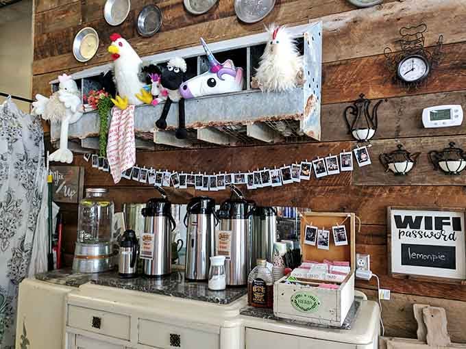 The coffee station comes with whimsical decorations and free WiFi, because even pie lovers need their caffeine fix.