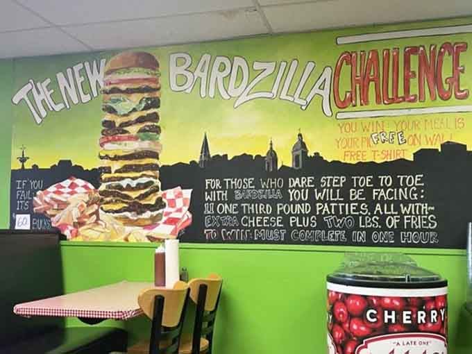 One-third pound patties stacked high with extra cheese and two pounds of fries await the truly brave.