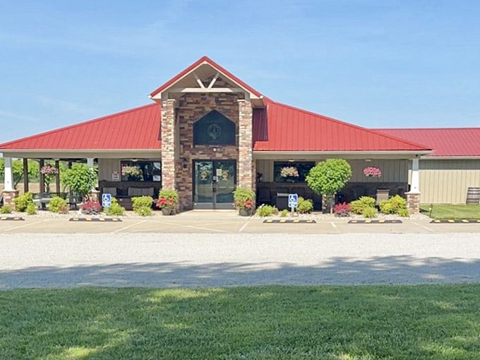 The welcoming entrance and manicured topiaries suggest someone here really cares about first impressions and good wine.