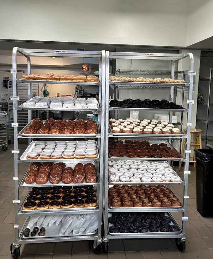 Metal racks holding enough doughnuts to solve most of life's problems, organized with the precision of edible architecture.